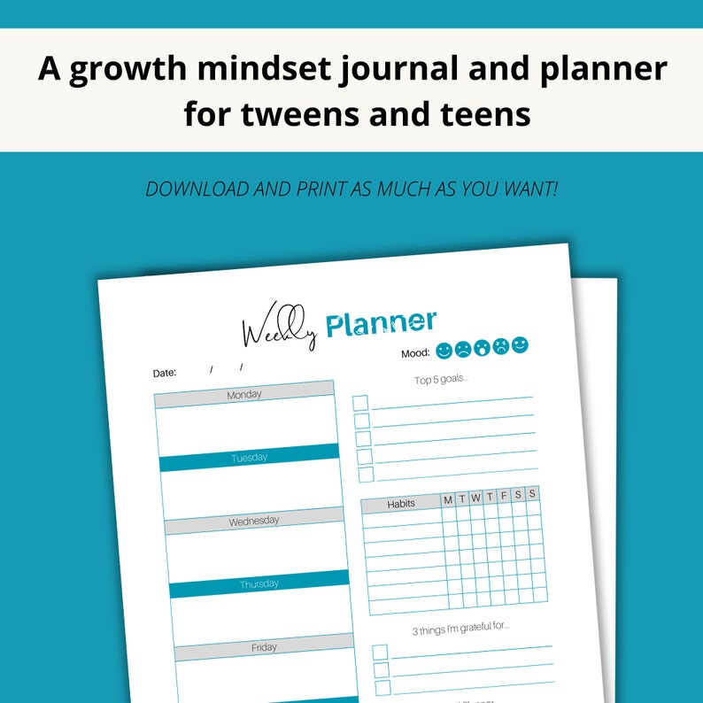 Growth Mindset Journal and Planner for Teens, Teenager Printable ...