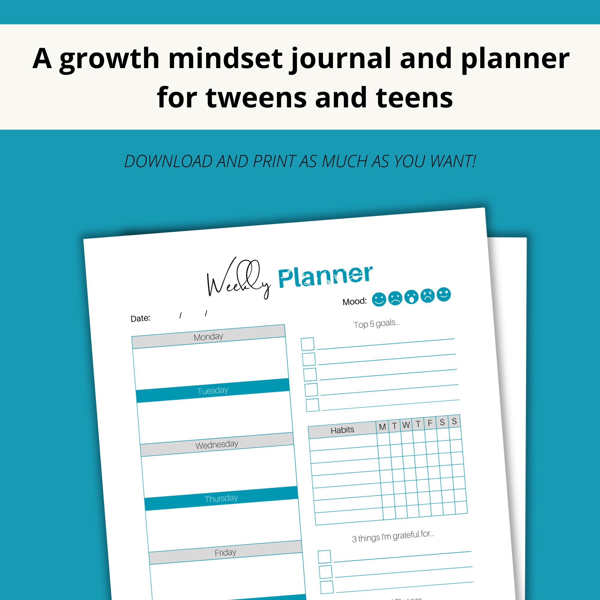 Growth Mindset Journal and Planner for Teens, Teenager Printable ...