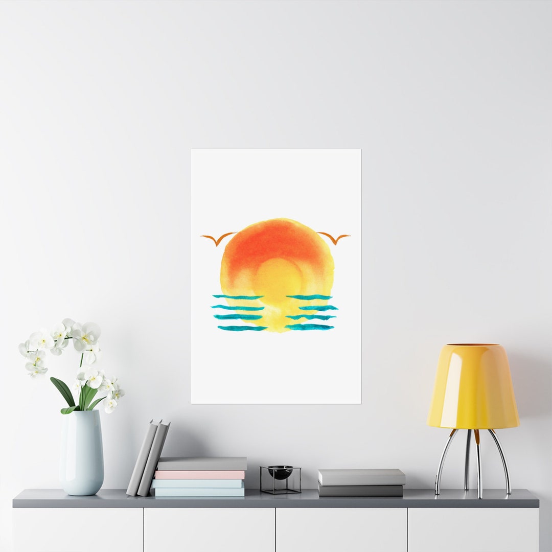 Yellow Sun Poster, Orange Sun Print, Sun Art Gift, Watercolor Waves Art ...