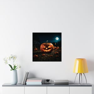 Smiling Evil Pumpkin Patch Poster, Halloween Blue Moonlight, Pumpkin Photo Art, Evil Pumpkin Art ...