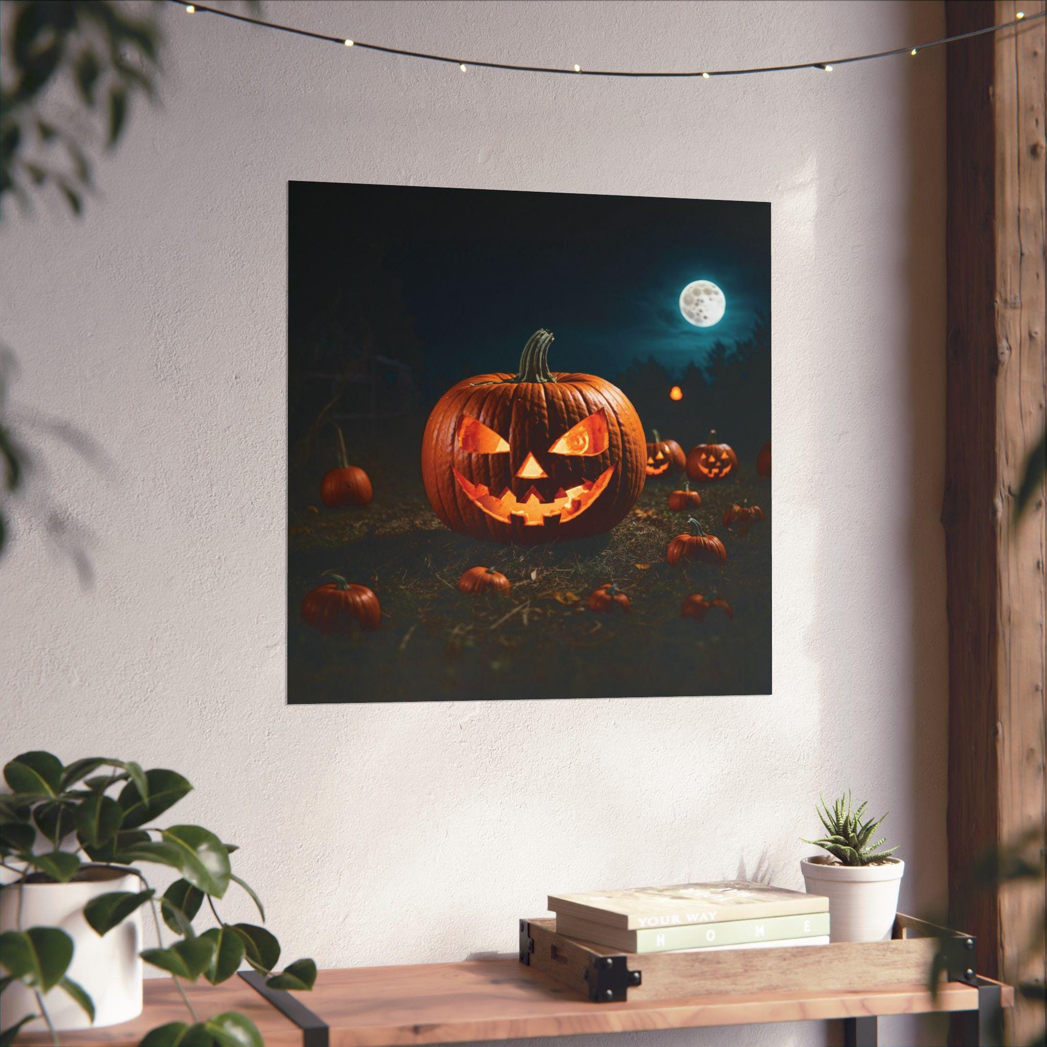 Smiling Evil Pumpkin Patch Poster, Halloween Blue Moonlight, Pumpkin Photo Art, Evil Pumpkin Art ...
