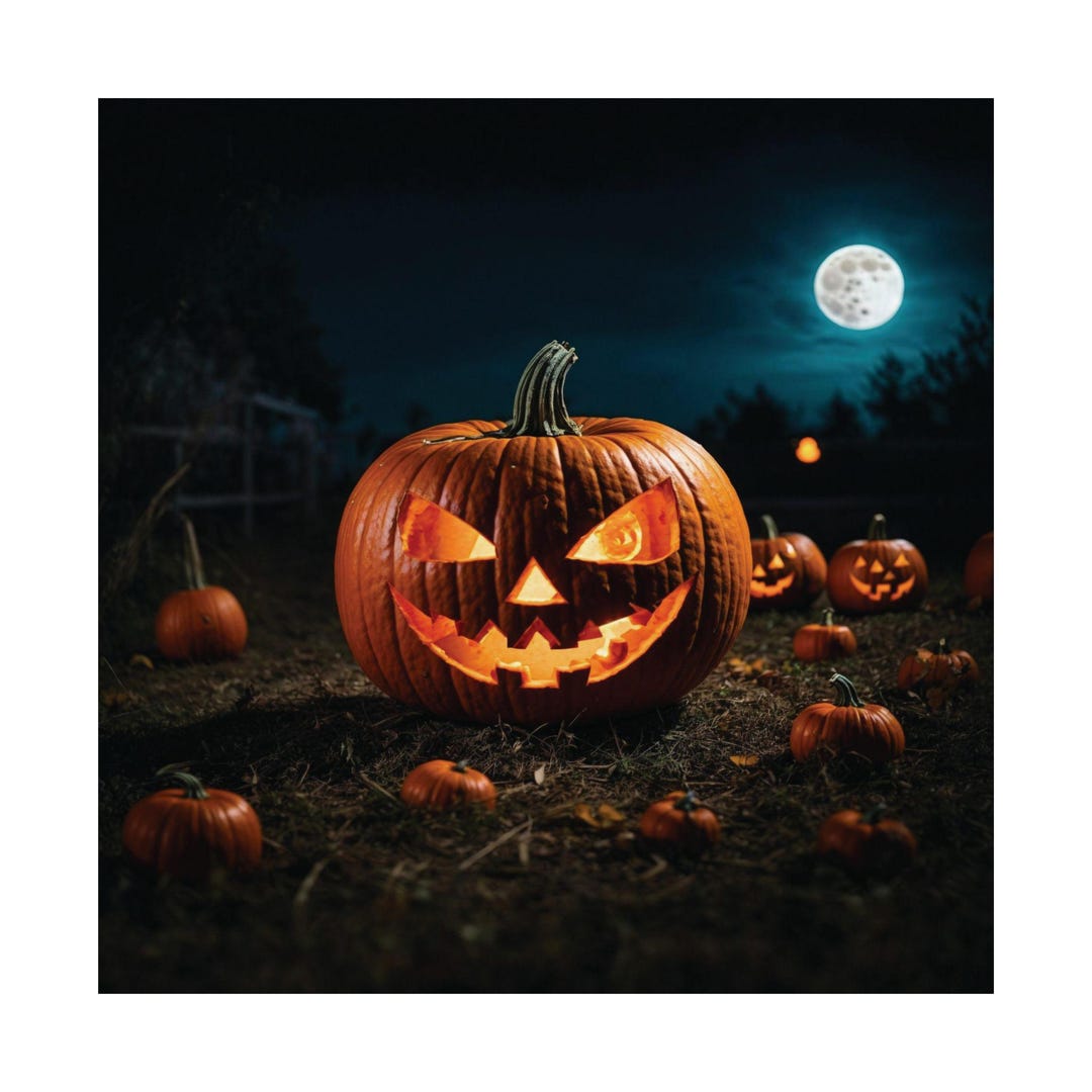 Smiling Evil Pumpkin Patch Poster, Halloween Blue Moonlight, Pumpkin Photo Art, Evil Pumpkin Art ...