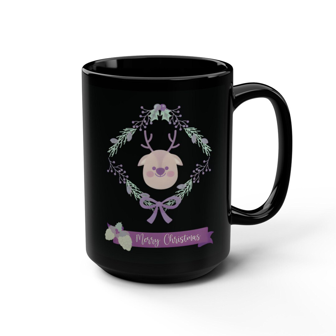 Purple Reindeer Wreath Merry Christmas Mug 15oz Black Ceramic - Etsy