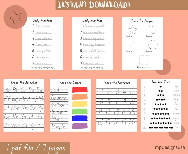Printable Kids Preschool Daily Mantras Tracing Worksheet Alphabet ...