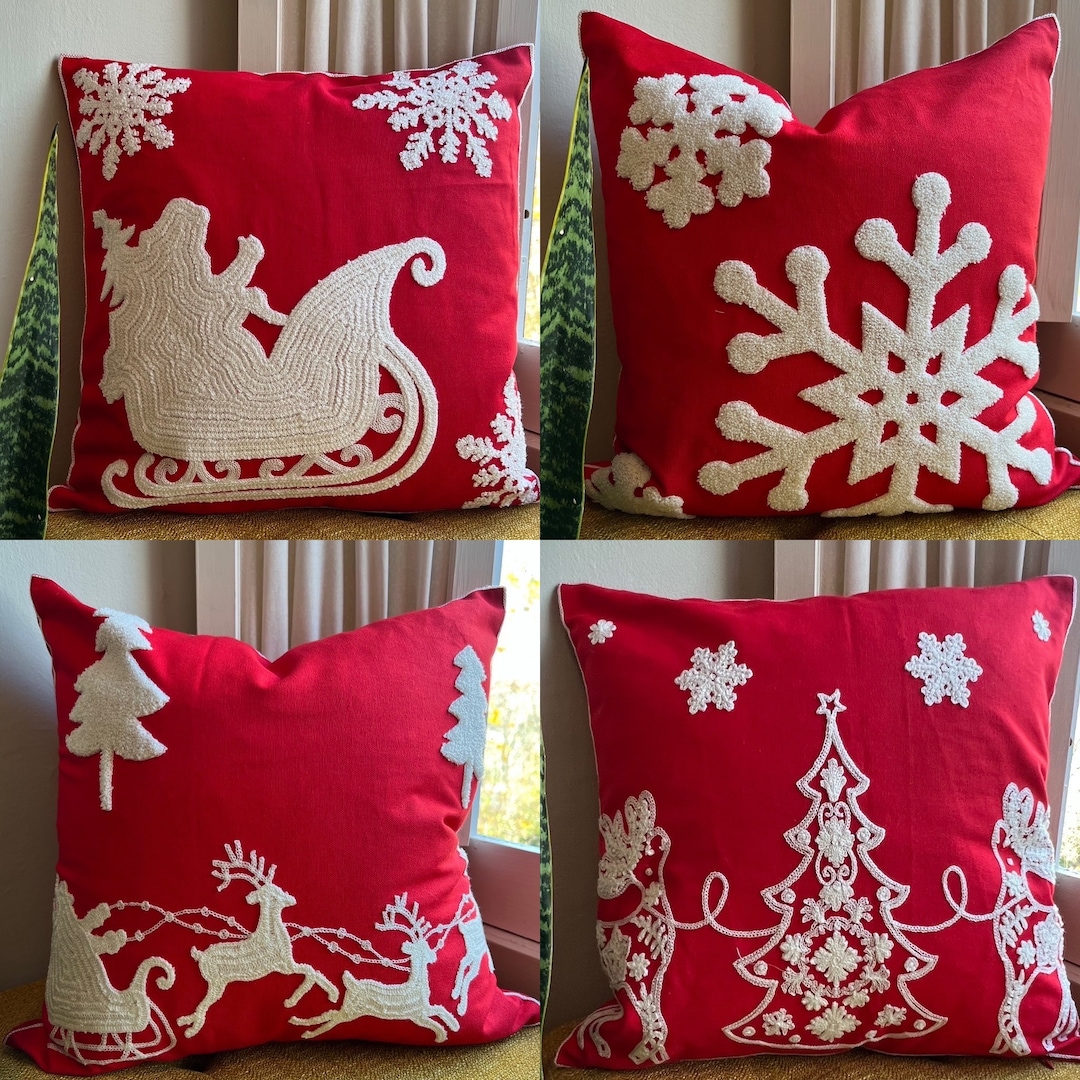 Christmas Embroidered Throw Pillow Covers, Holiday Pillows, Red Holiday ...