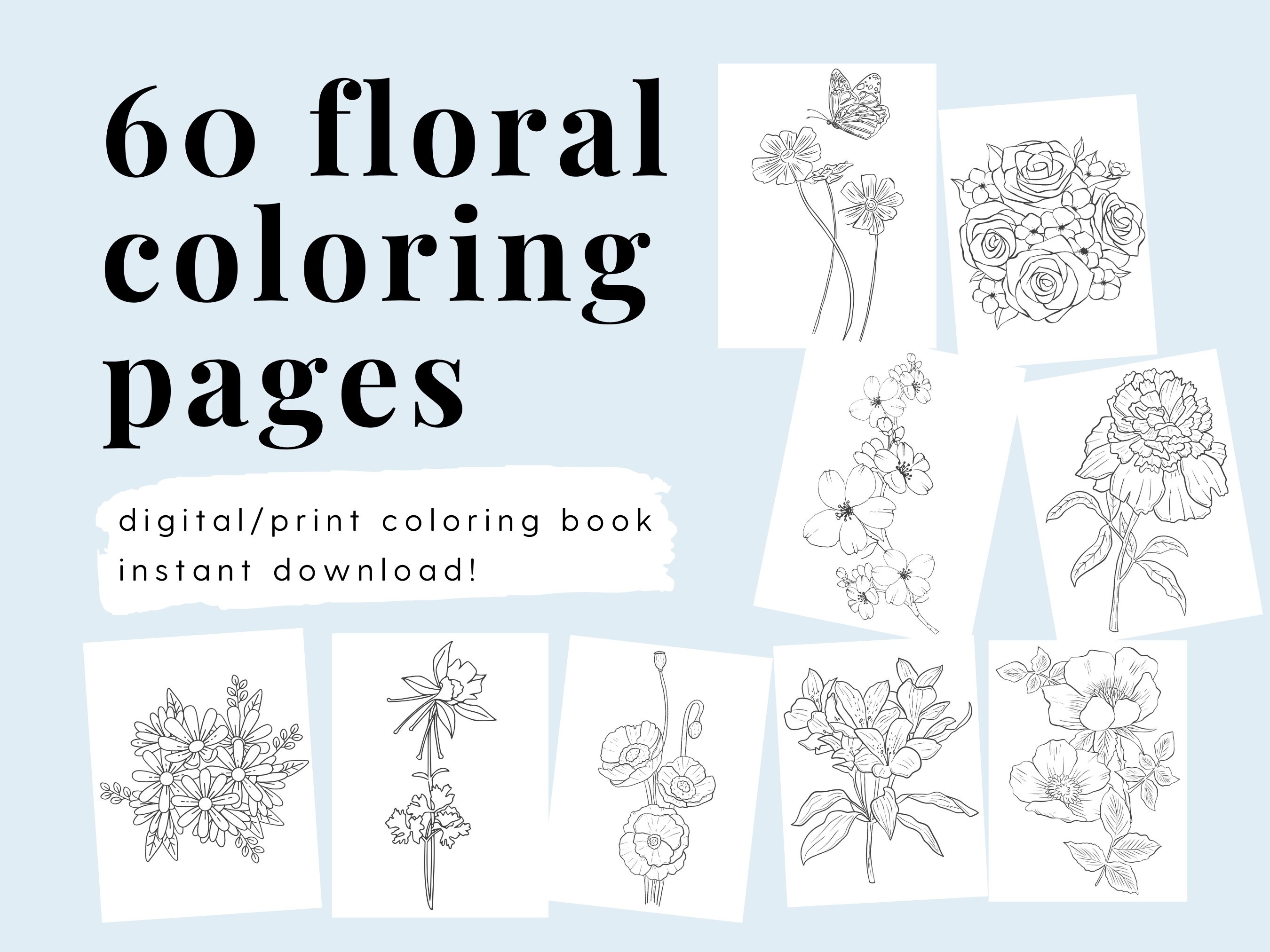 60 Coloring Pages Floral, Botanical, Flowers, Printable, Digital ...