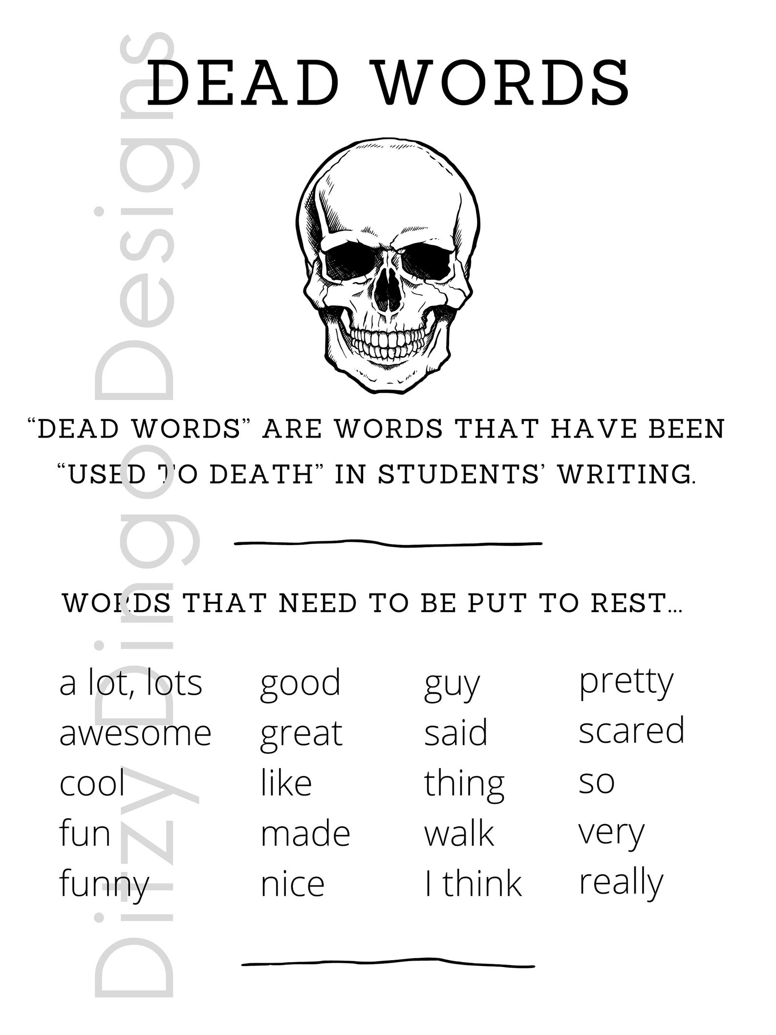 English Classroom Dead Words Poster Skull Decoration Writing Poster English Teacher Decor