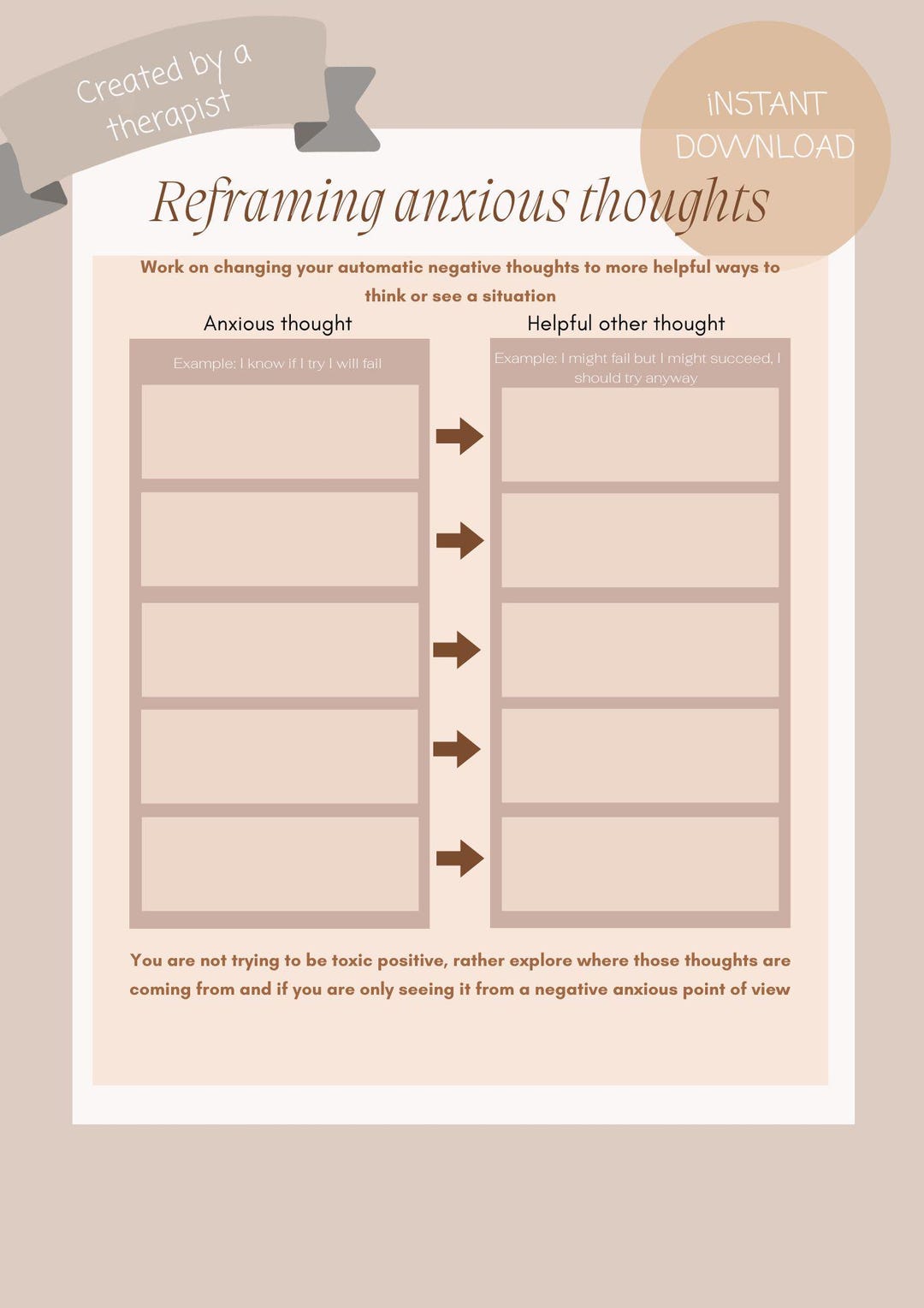 CBT Reframing Anxious Thoughts Worksheet | Cognitive Restructuring Tool ...