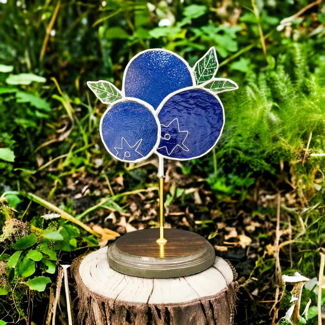 Stained Glass Jumbo Blueberries Displayed on a Felt Bottom Wooden Stand ...