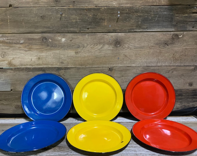 Vintage Enamelware, Primary Color Plate Set, Set of 6 - Etsy