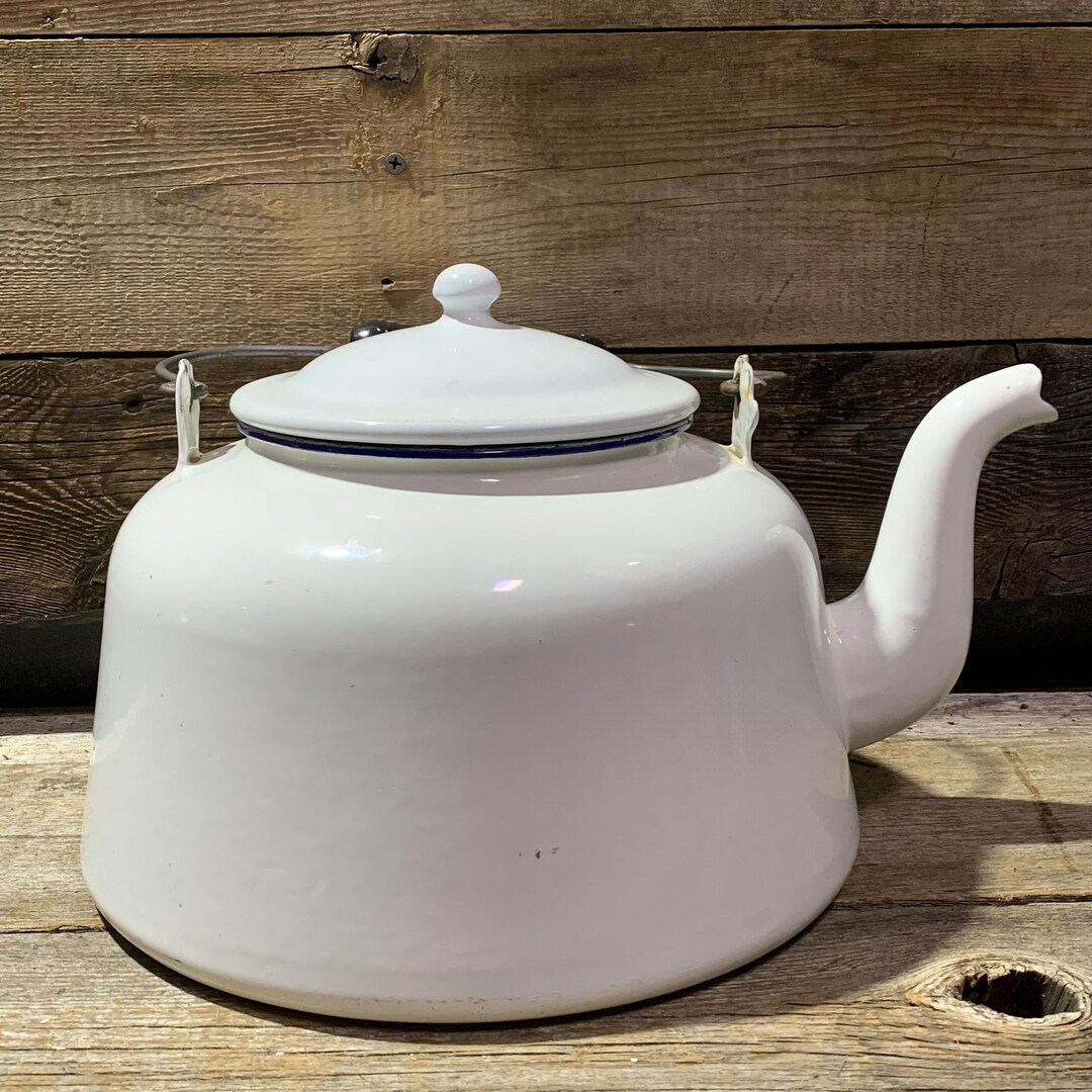 Vintage Porcelain, Enamelware Tea Kettle, White With Blue Trim - Etsy