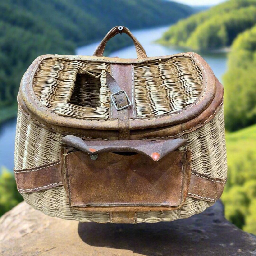 Antique Wicker Fishing Creel, Leather Handle & Accents - Etsy