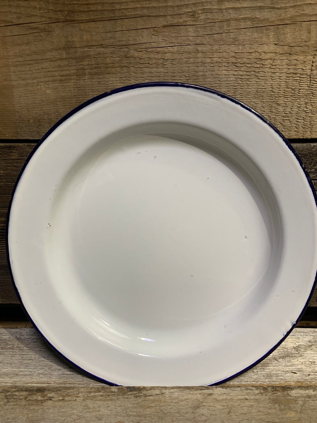Vintage Enamelware, Dinner Plate, White With Navy Trim, 6.5 - Etsy