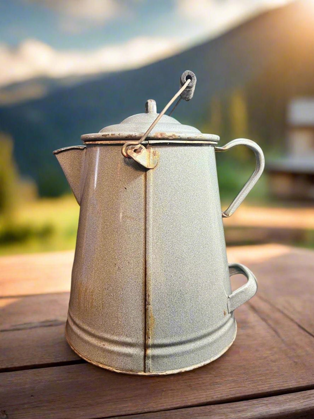 Vintage Enamelware, Large Cowboy Coffee Pot, Light Grey Speckle, 10" X ...