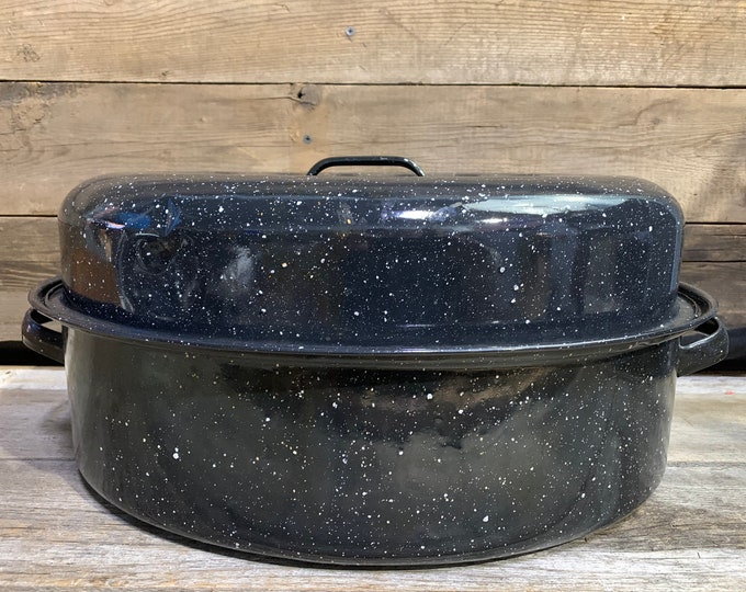 Vintage Enamelware, Roasting Pan, 14.5" X 5", Black Speckled, Leaf ...
