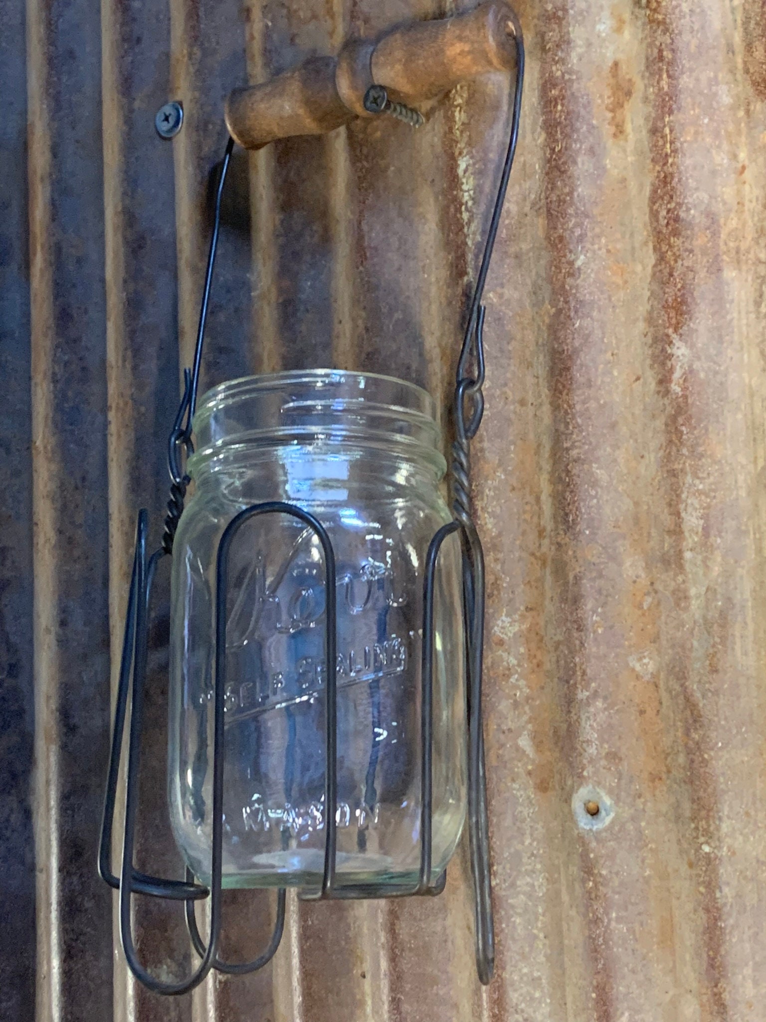 Vintage Mason Jar, Kerr Self Sealing Jar in Wire Holder, Wood Handle - Etsy