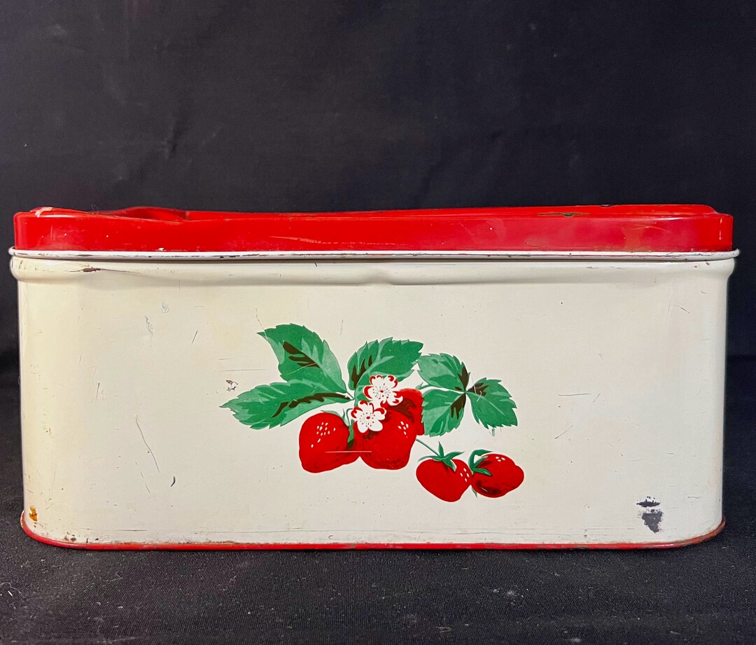 1930-50s Tin Metal Bread Box, Red Top & Strawberries - Etsy