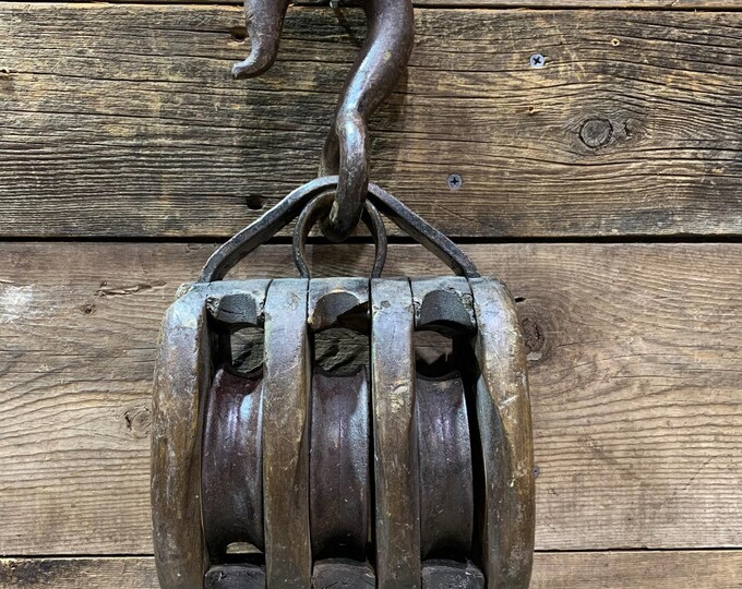 Primitive Pulley, Triple Wheel Wooden Barn Block & Tackle Pulley - Etsy