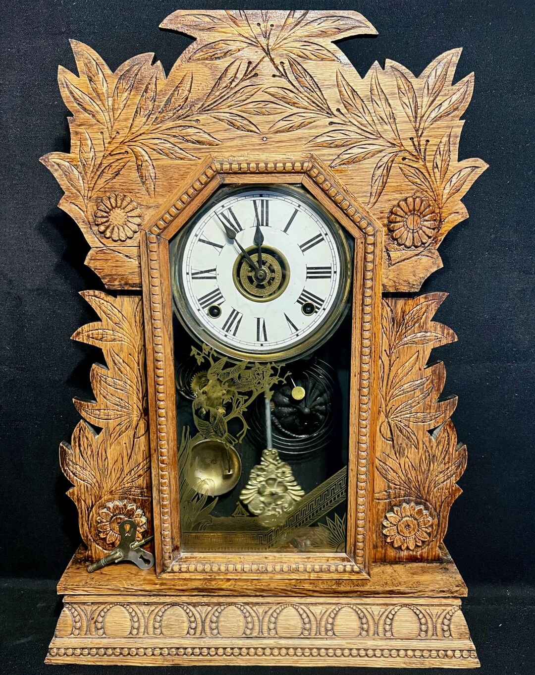 Antique Wm. L. Gilbert, Oak Wood, Mantle Clock, Etched Pheasants, Gong ...