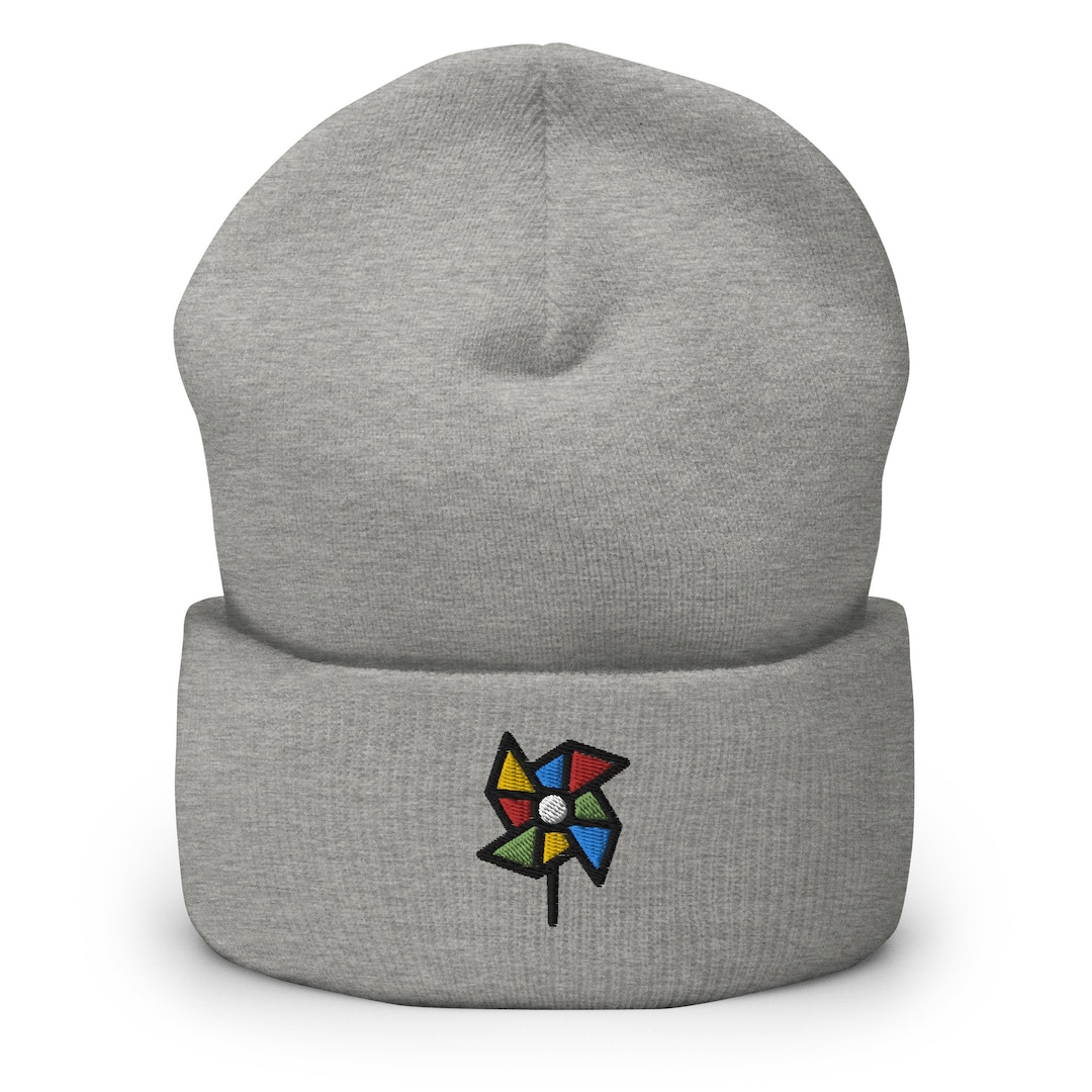 Rainbow Windmill Pinwheel Embroidered Beanie, Handmade Cuffed Knit ...