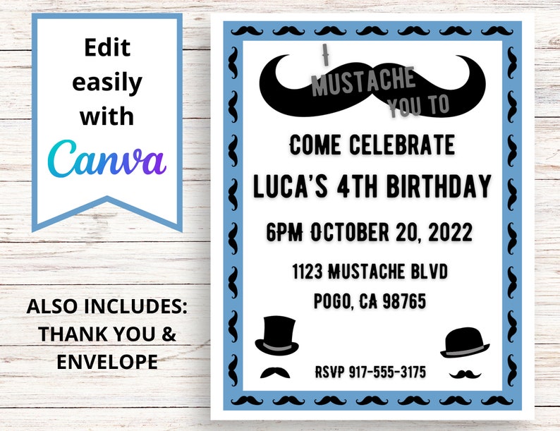 Mustache Birthday Invitation and Thank You Card Template Printable PDF ...