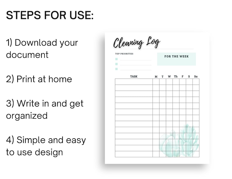 Cleaning Log Printable PDF Digital Download Home - Etsy