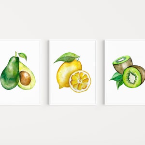 Set of 3 Fruit Prints Wall Art Avocado Lemon Kiwi Digital Printable ...