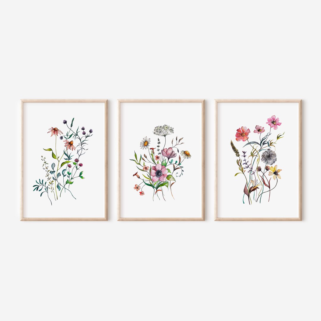 Conjunto de 3 estampas de flores silvestres, estampa floral em aquarela ...