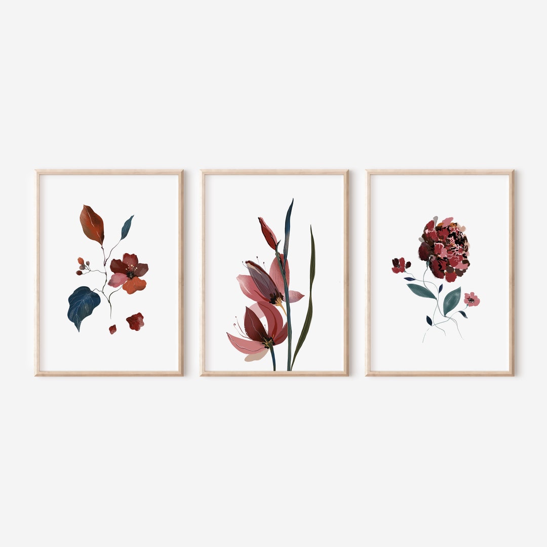 Abstract Red Flower Set of 3, Floral Wall Art, Botanical Print ...