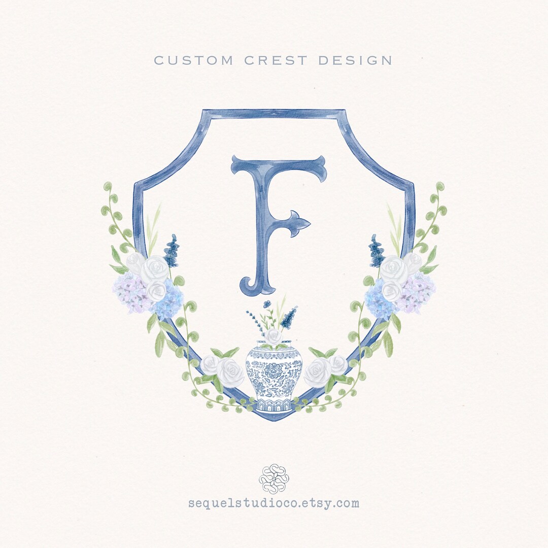 Custom Handdrawn Wedding Crest Design in Watercolor With Personalize ...