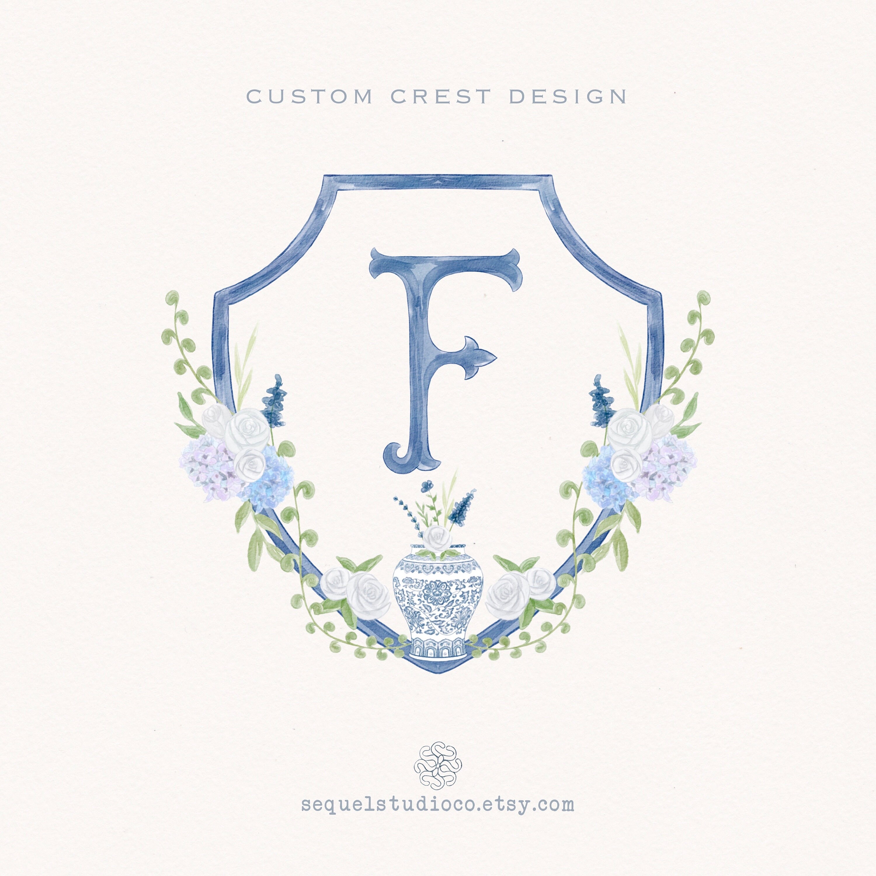 Custom Handdrawn Wedding Crest Design in Watercolor With Personalize ...