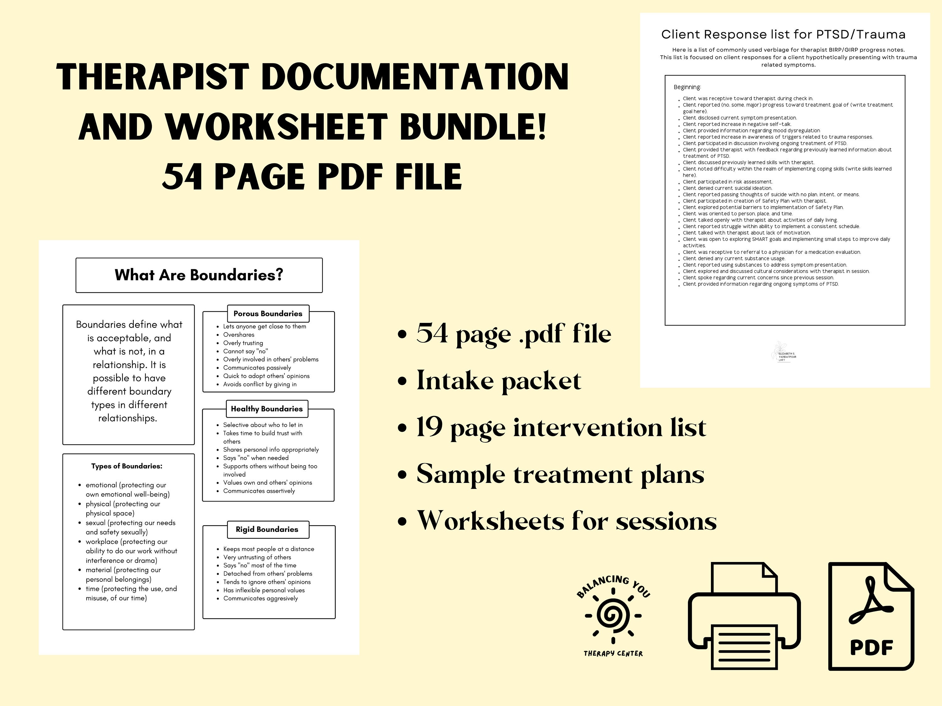 Therapist Documentation and Worksheet Help Bundle 54 Page Digital ...