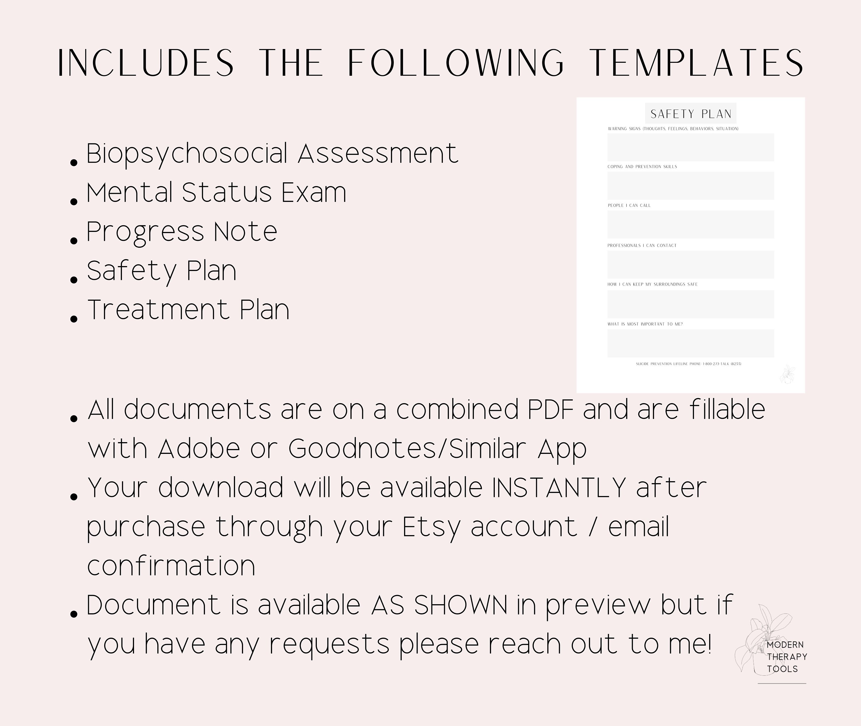 Assessment/mse/treatment Plan/safety Plan/progress Note Bundle for MFT ...