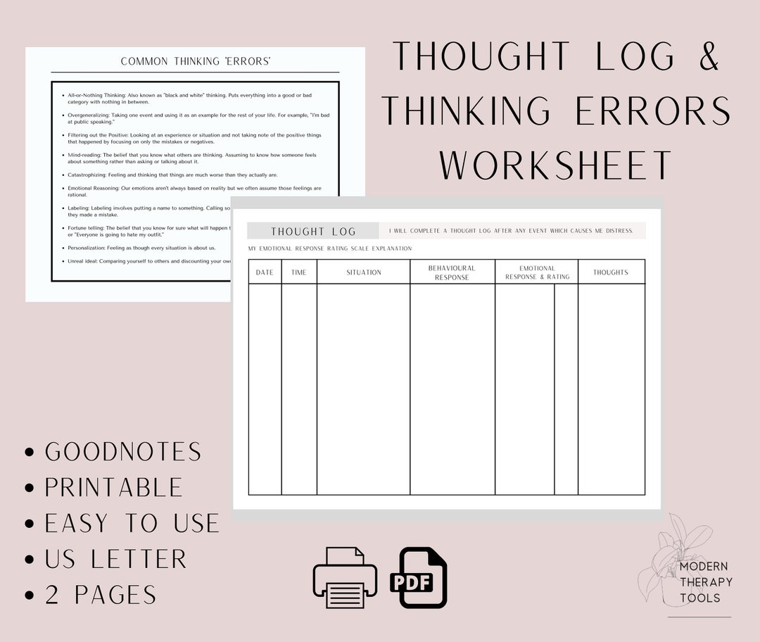 CBT Thought Log | Thinking Errors Sheet | Printable PDF | Goodnotes ...