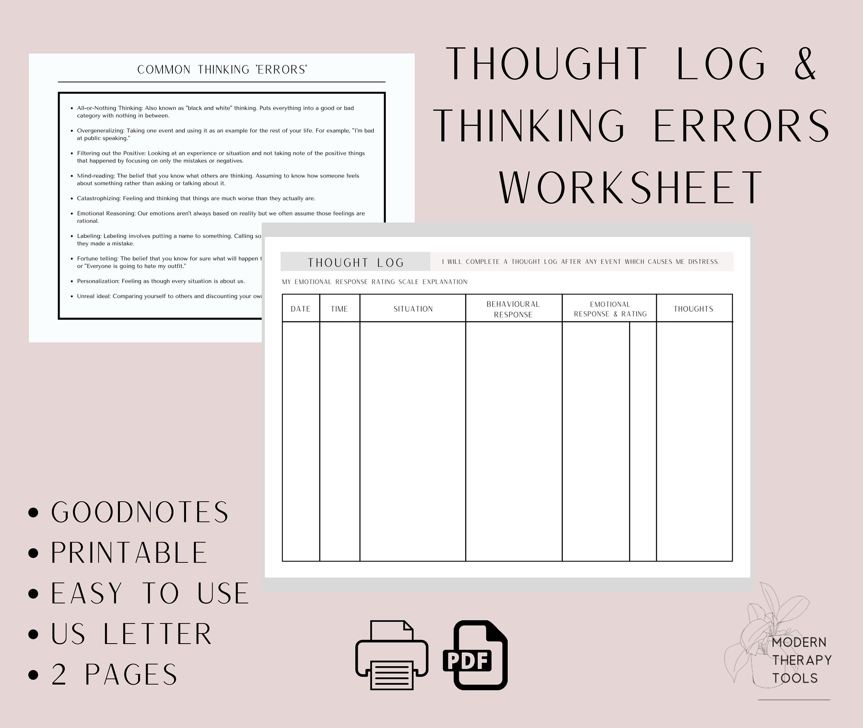 CBT Thought Log Thinking Errors Sheet Printable PDF Etsy