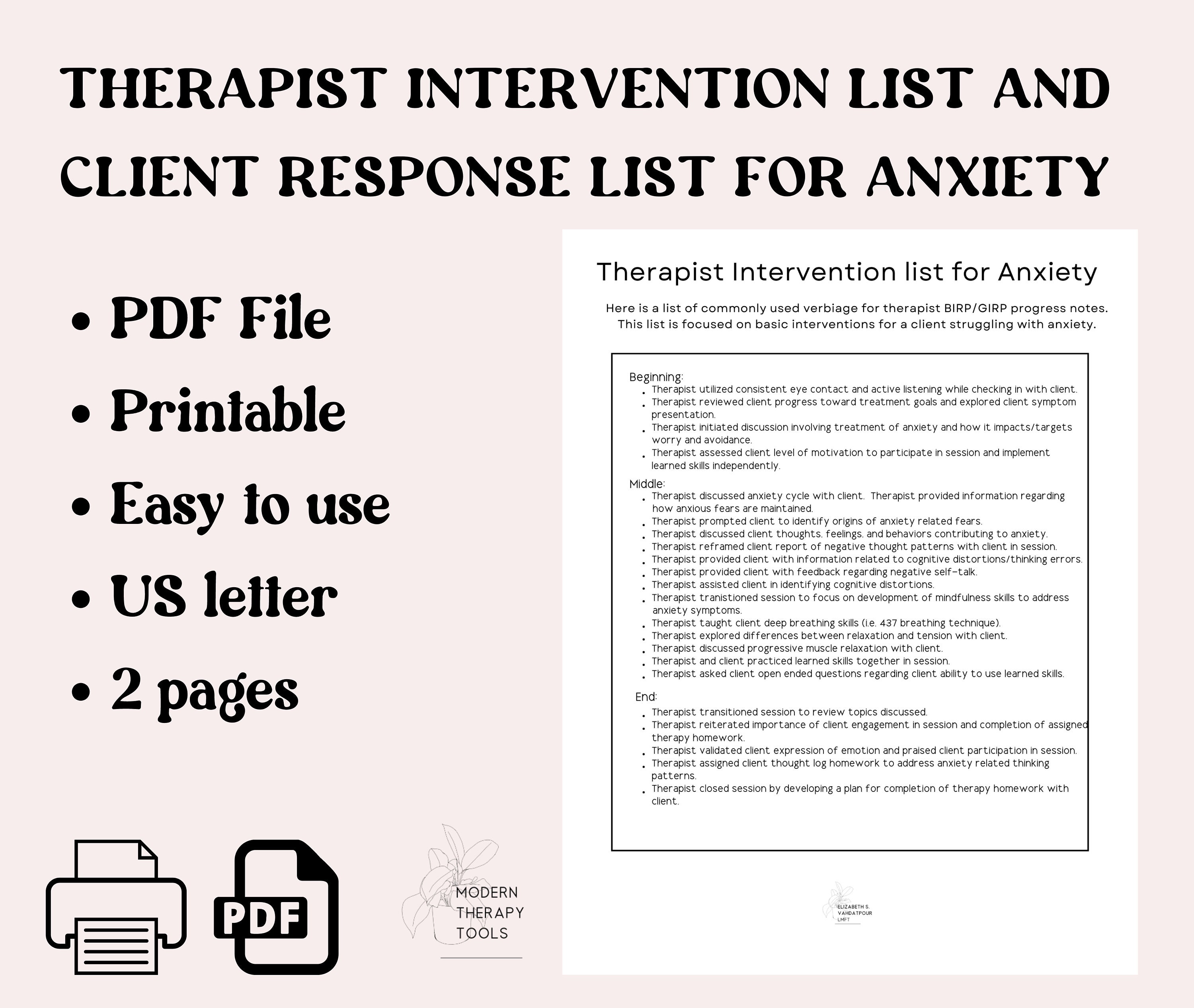Anxiety Intervention and Client Response List for Therapists | BIRP ...