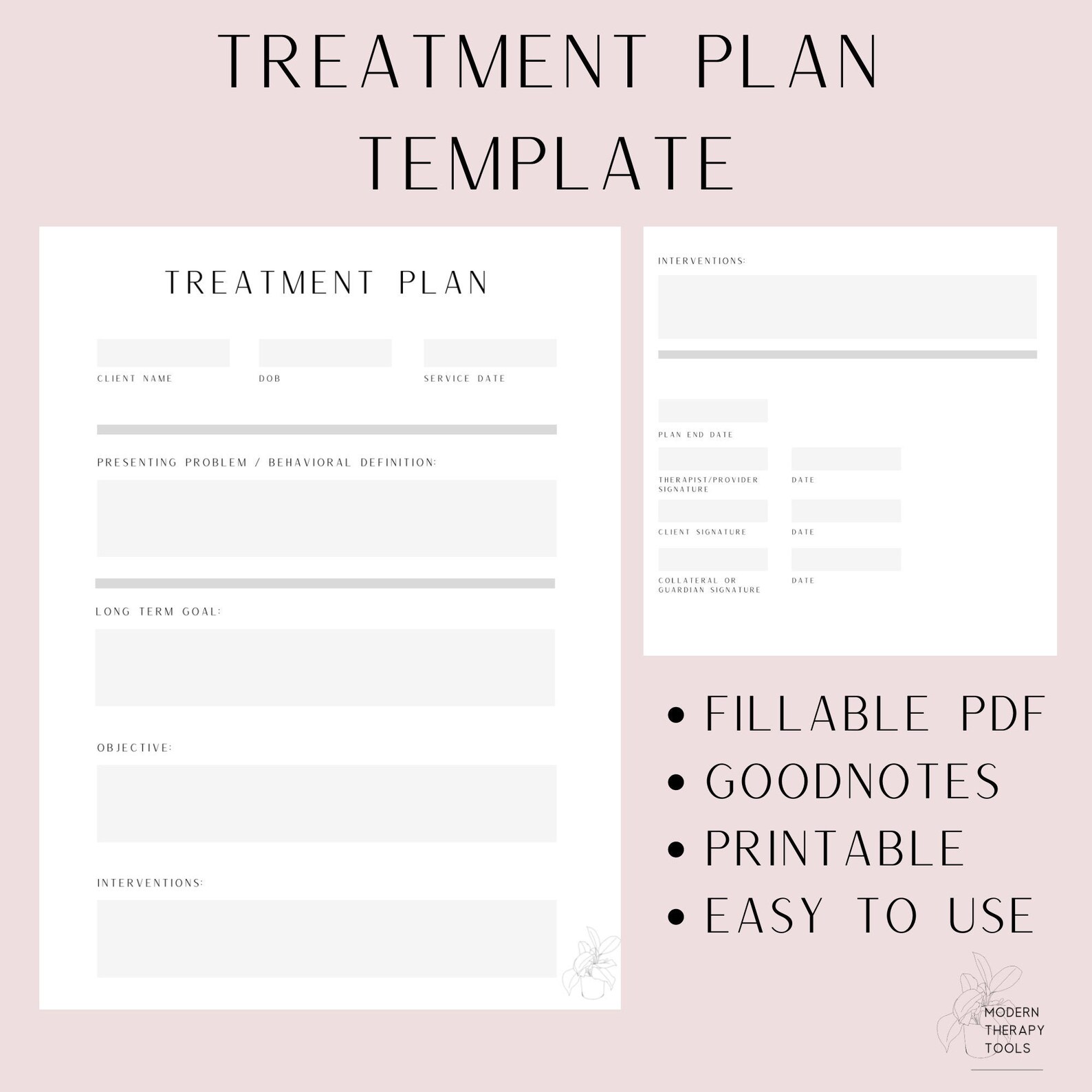 Therapist Sample Treatment Plan Fillable PDF Template Goodnotes Adobe 