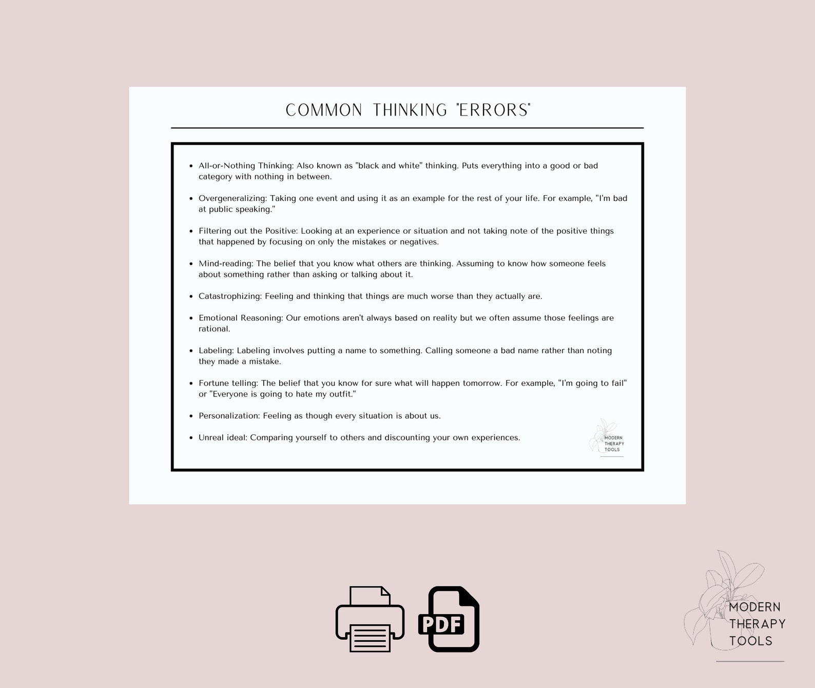 CBT Thought Log | Thinking Errors Sheet | Printable PDF | Goodnotes ...