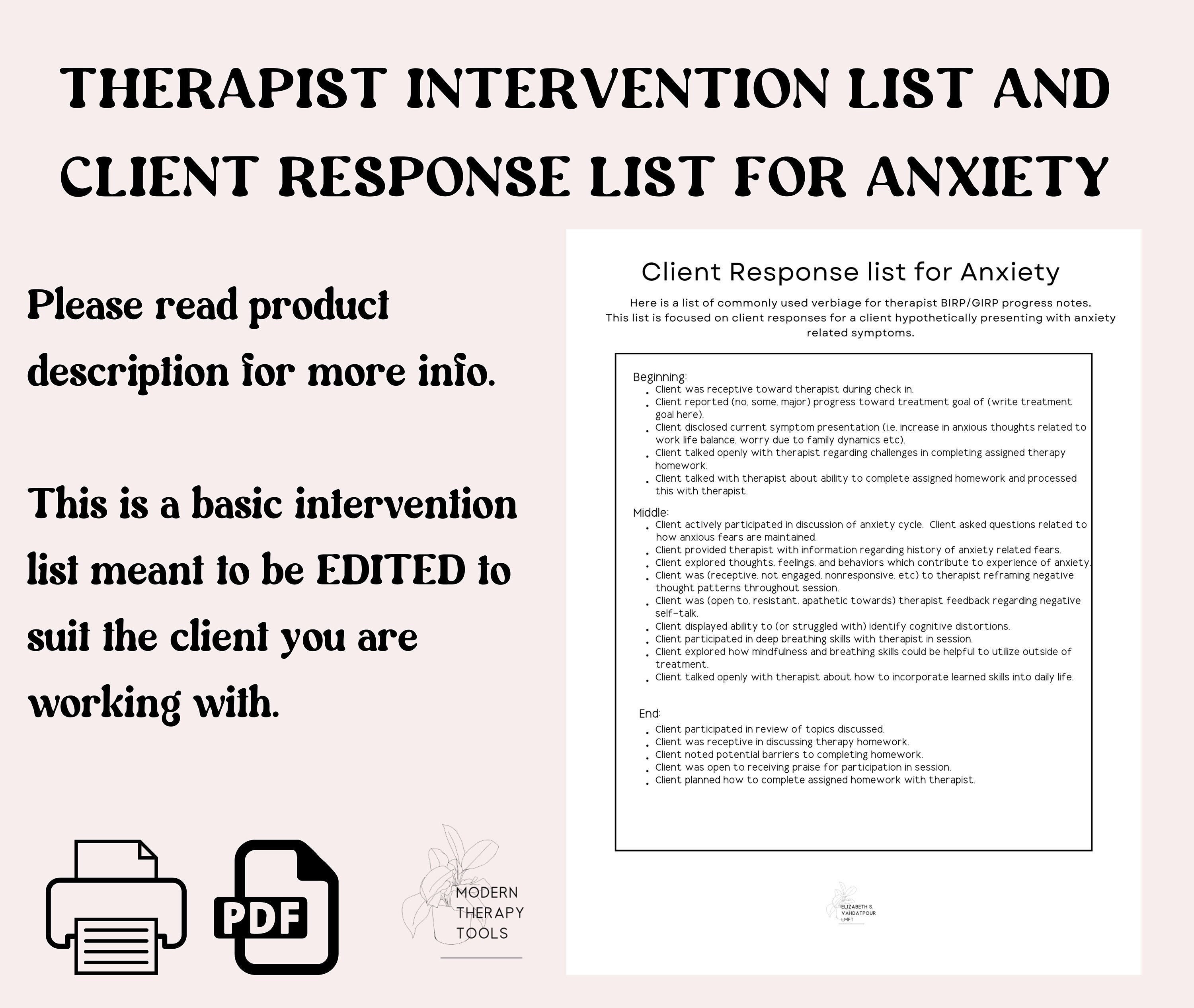 Anxiety Intervention and Client Response List for Therapists | BIRP ...