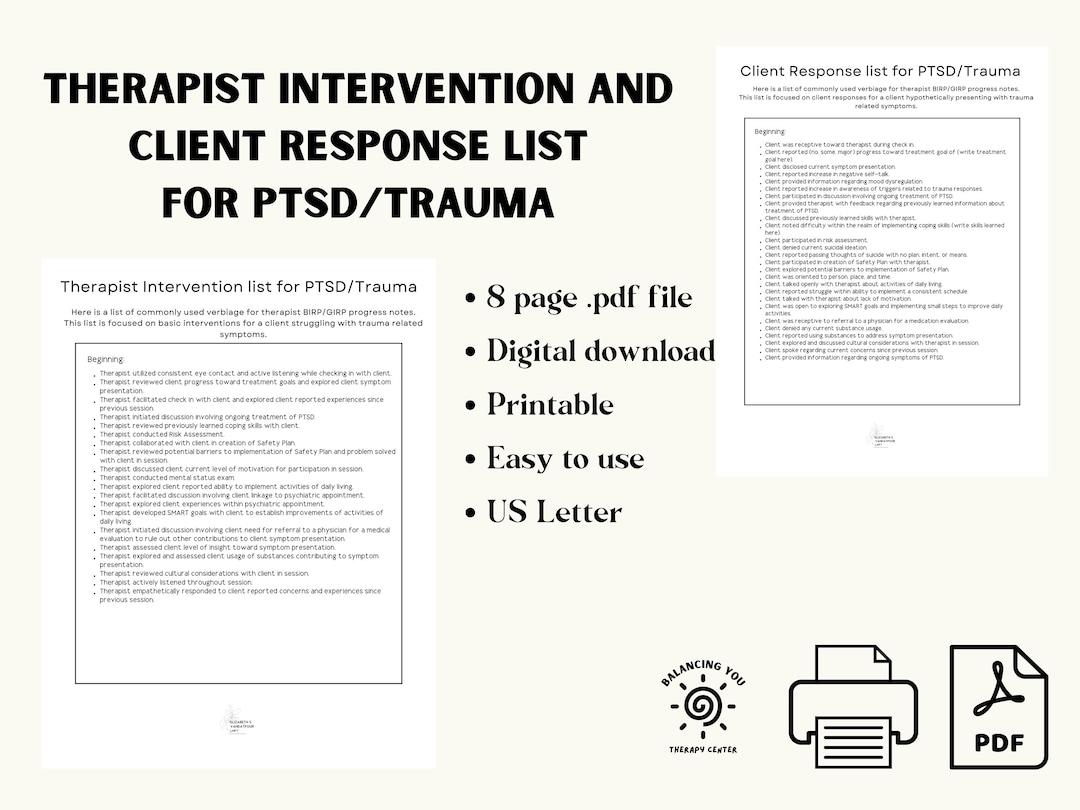 Trauma/ptsd Documentation Intervention List - Therapist PDF ...
