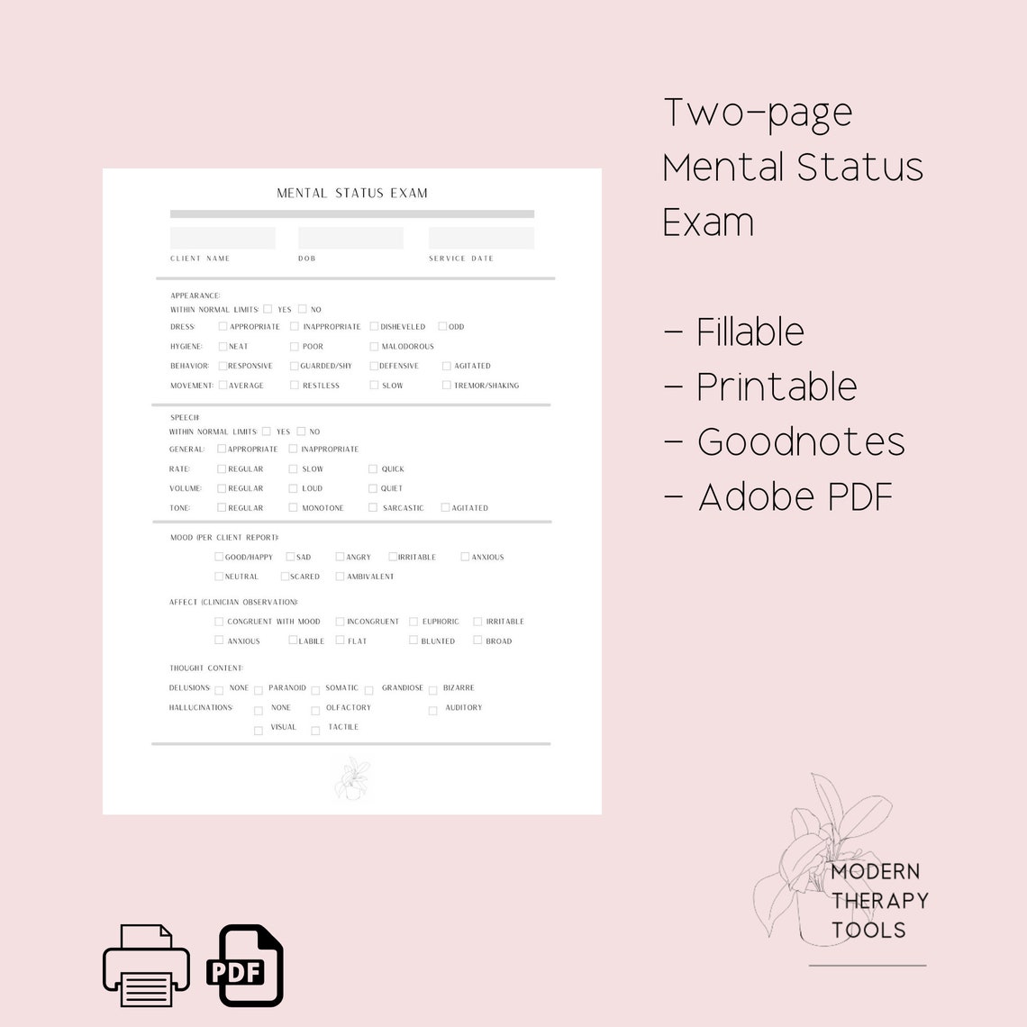 Fillable and Printable Mental Status Exam for Therapists | Etsy