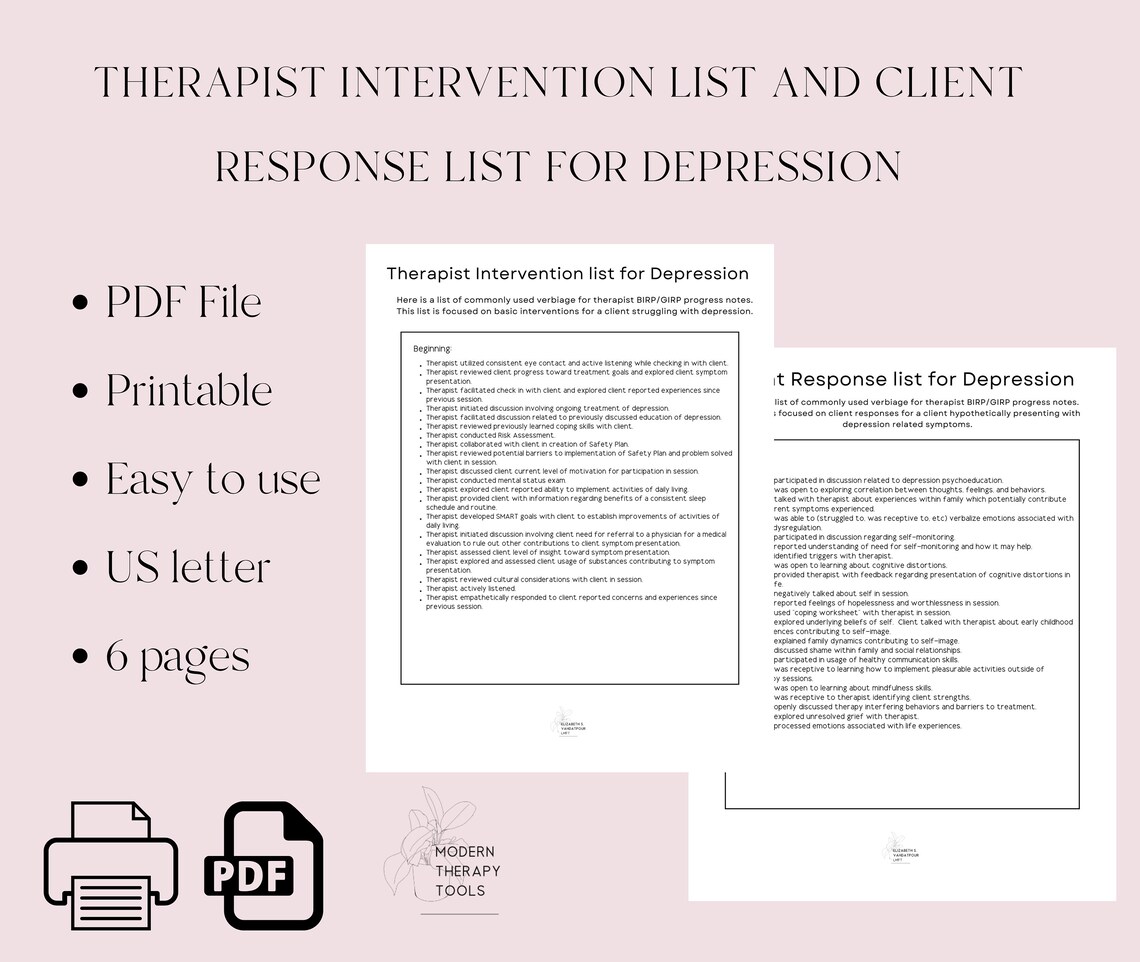 Therapist Notes Intervention and Response LIST | GIRP BIRP Style ...