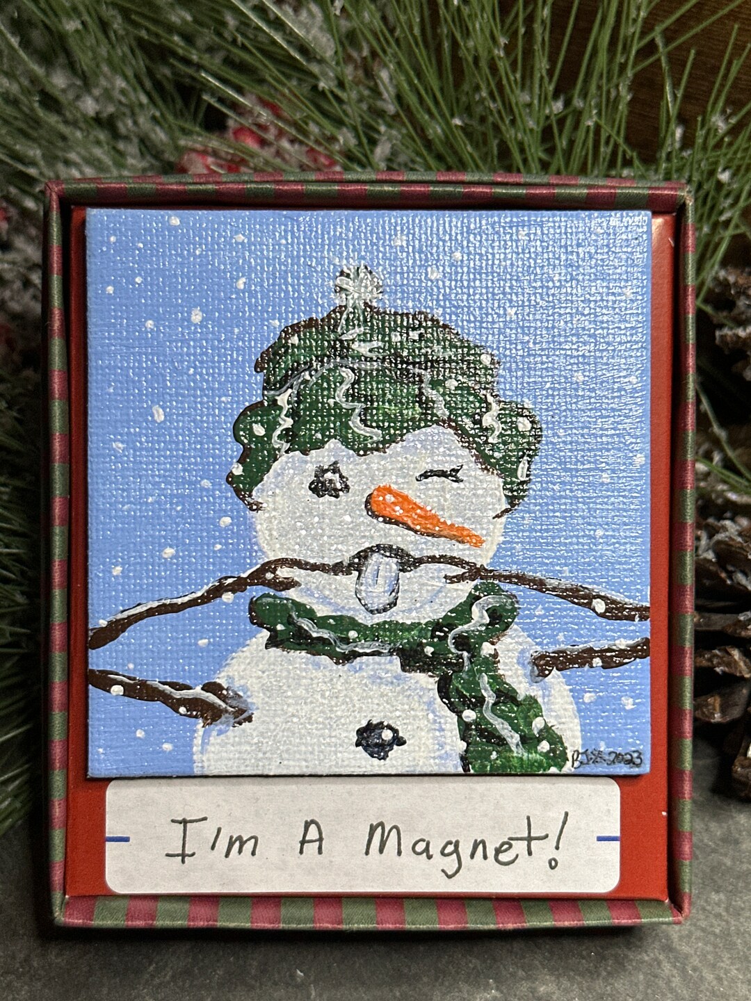 Snowman Magnet Original Acrylic Mini Painting Snowmen Christmas Decor ...