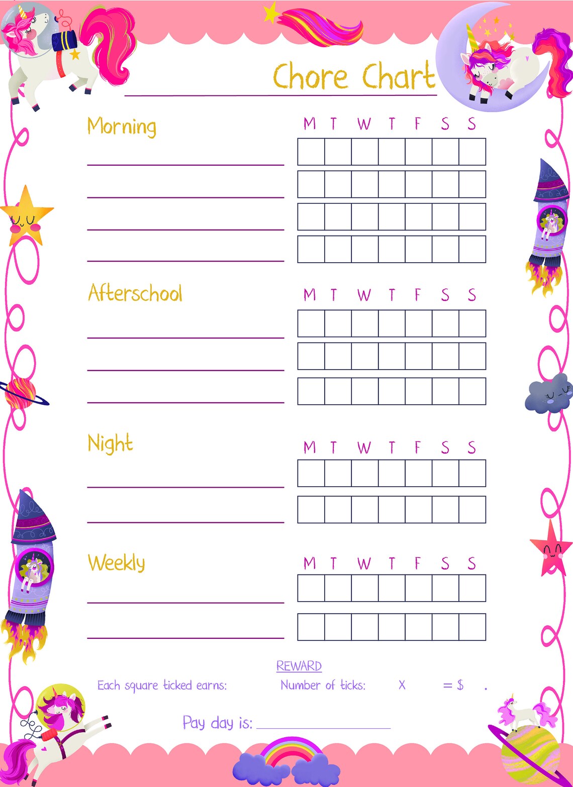 Space Unicorn Chore Chart Template - Etsy