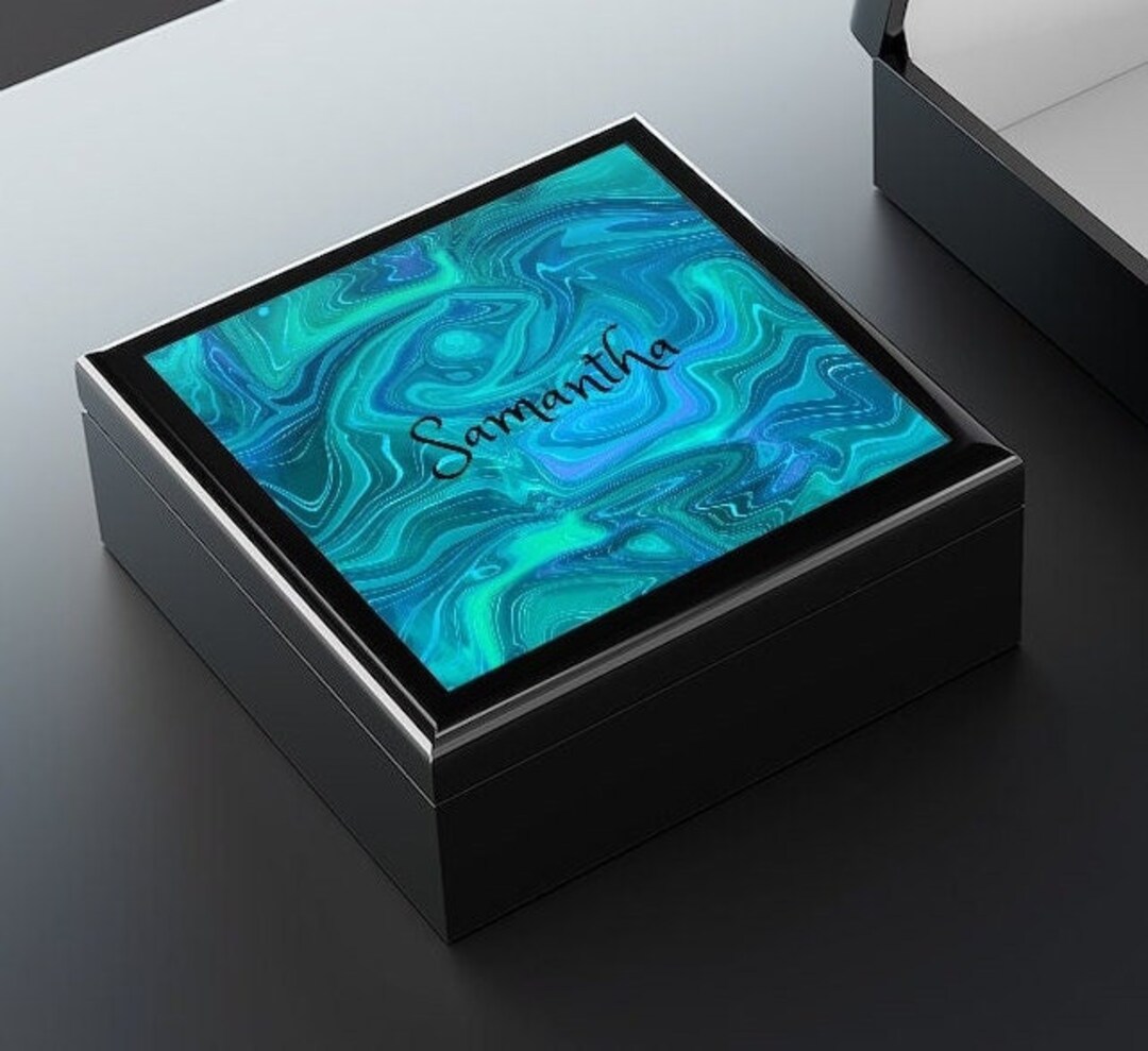 Turquoise Art Memory Box - Wood Custom Name, Blue Marble Art Keepsake ...