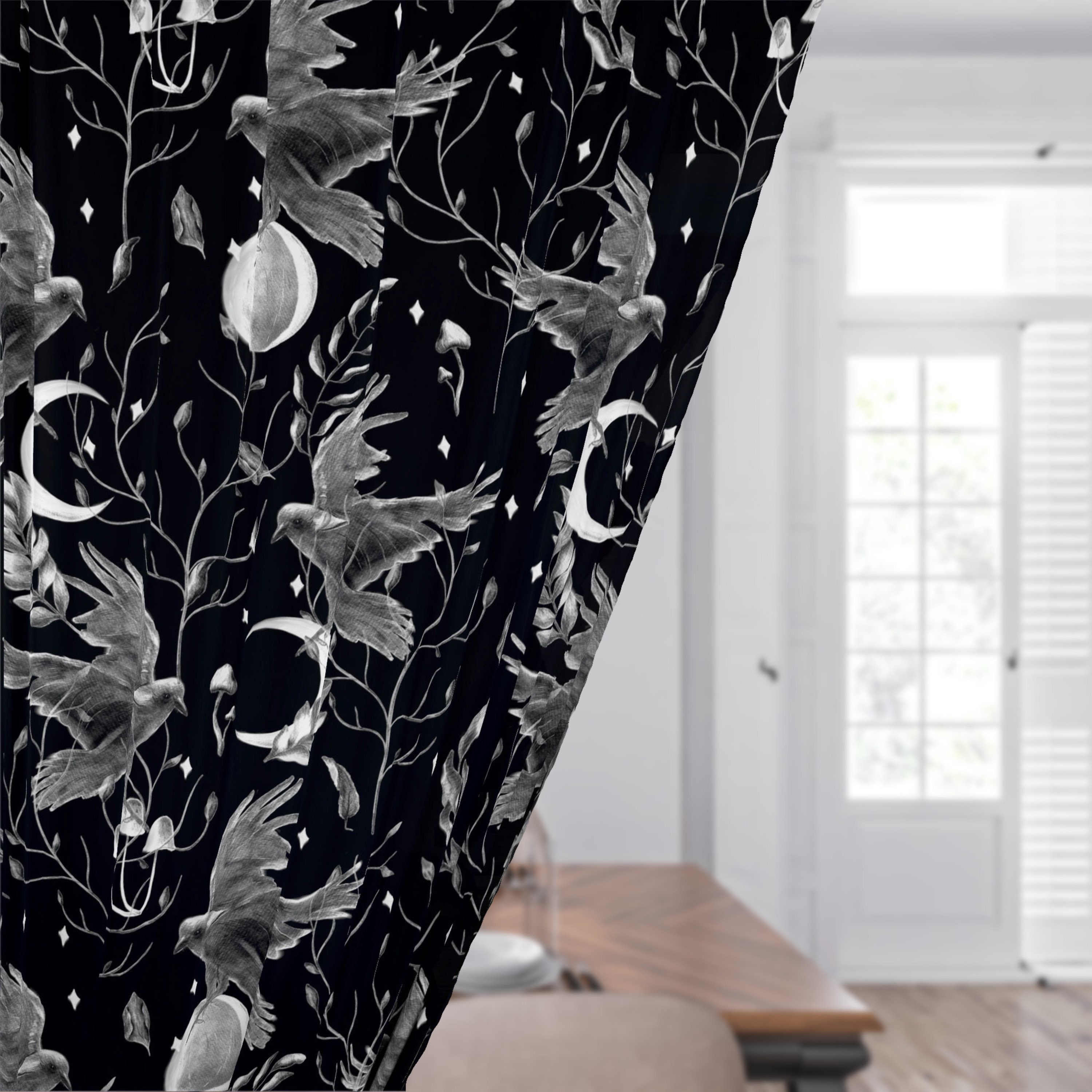 Gothic Blackout Curtain Black Raven Curtains Moon Forest Celestial Window Curtains Dark Witchy Home Decor 84 Inch Etsy UK