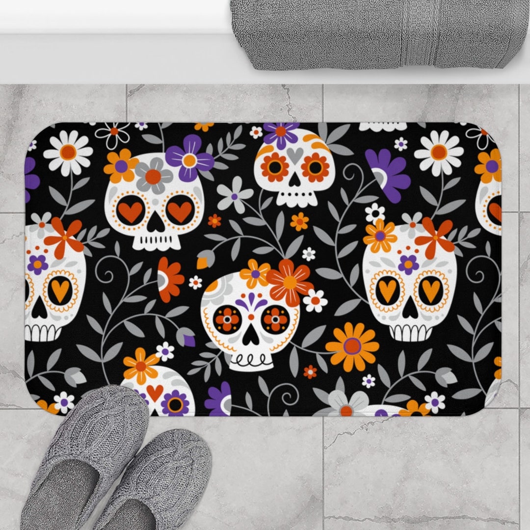 Dark Skull Bath Mat - Mexican Skull Decor, Halloween Bath Mat, Floral ...