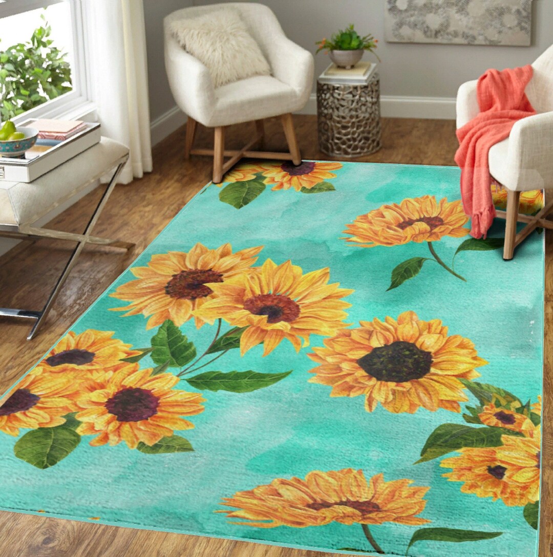 Boho Sunflower Area Rug - Teal Rug, Vintage Sunflower Rug, Blue Living ...