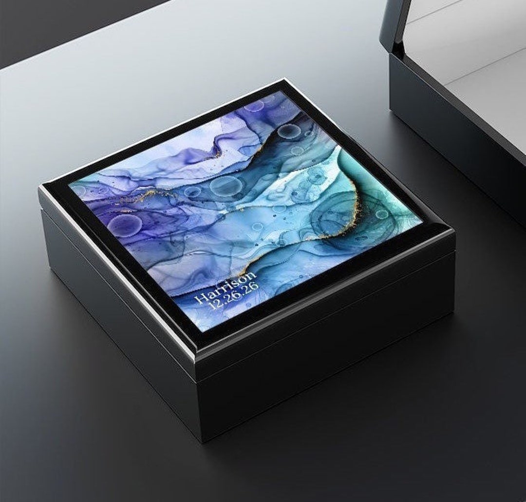 Memory Box Custom - Men Keepsake Box, Blue Alcohol Ink Art Box, Ebony ...