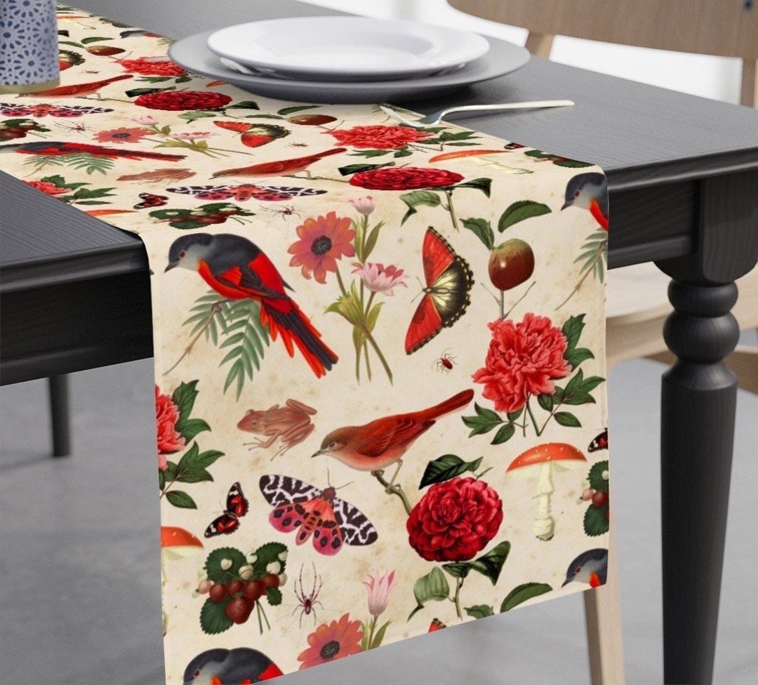 Bird Table Runner - Vintage Botanical Table Runner Floral Butterfly ...